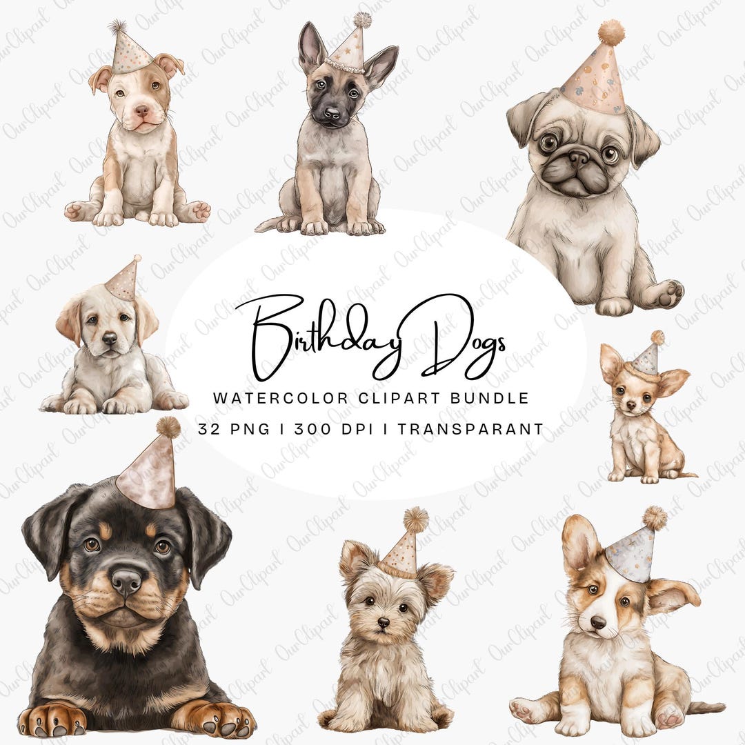 Birthday Dog Clipart Bundle – Puppy Party PNG, Cute Dog Watercolor ...