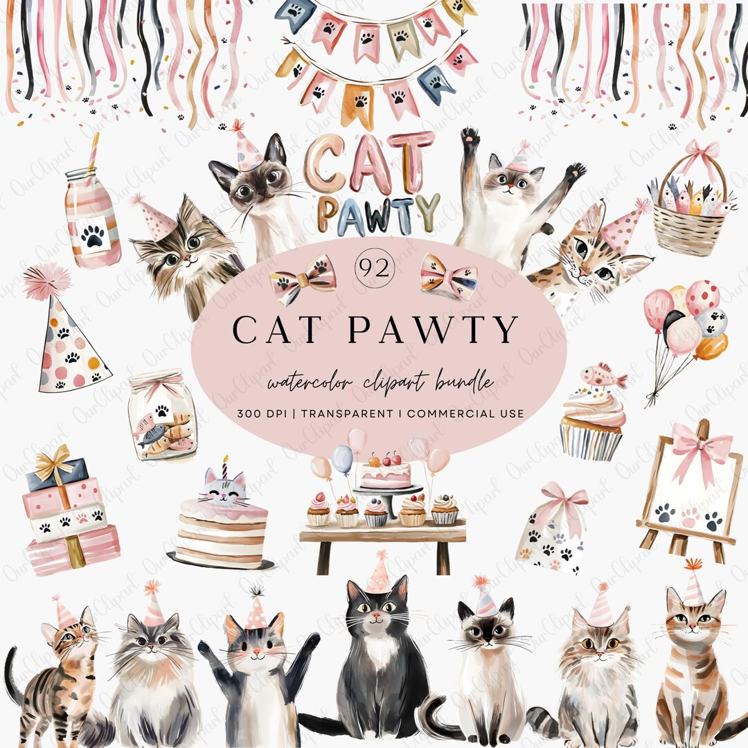 Cat Birthday Clipart Bundle – Cute Watercolor Cats, Birthday Pawty ...