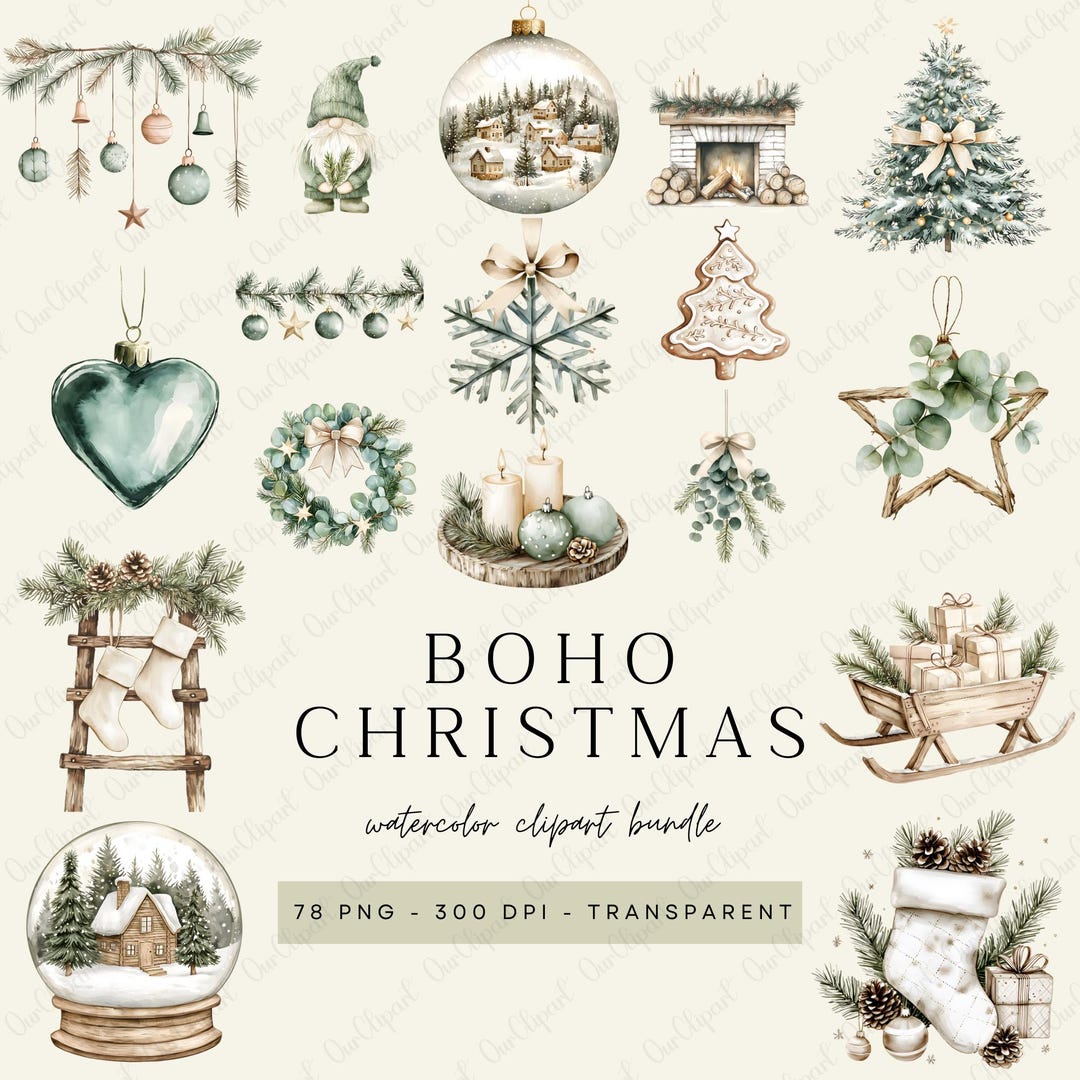 Boho Christmas Watercolor Clipart Bundle, Neutral Rustic PNG, Cozy ...