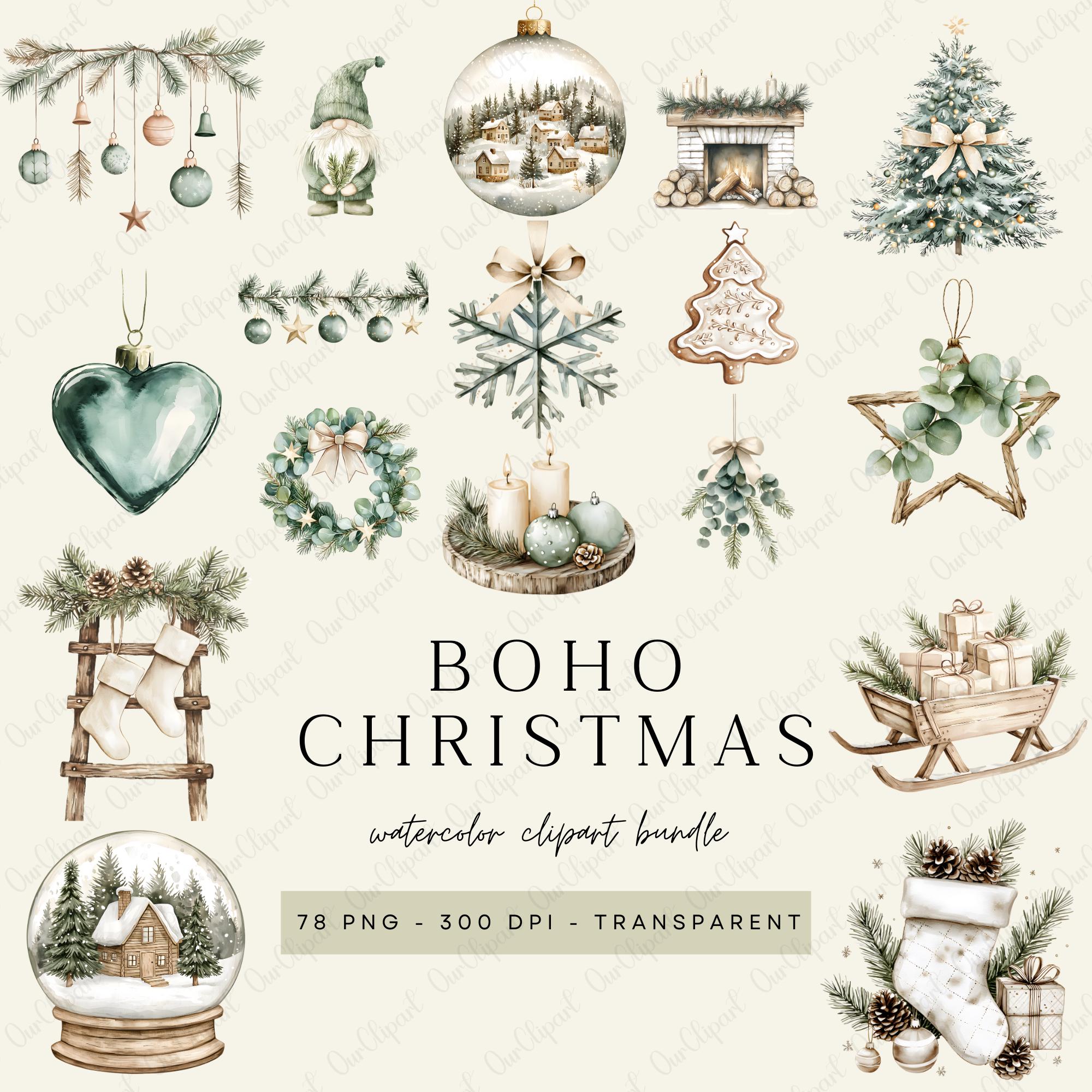 Boho Christmas Watercolor Clipart Bundle, Neutral Rustic PNG, Cozy ...