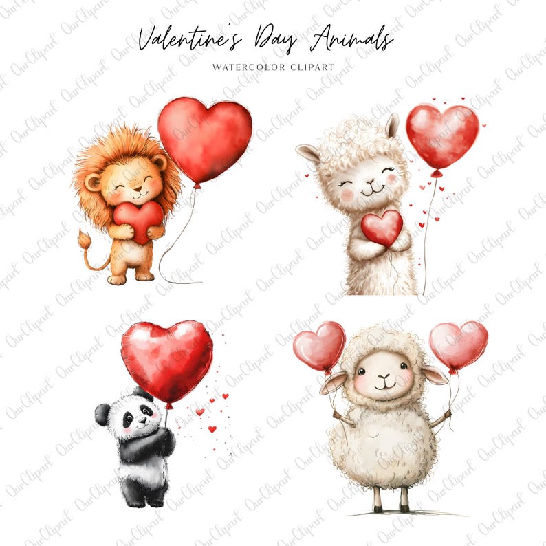 Valentine Clipart Bundle – Watercolor Love Animals & Balloon Hearts PNG ...