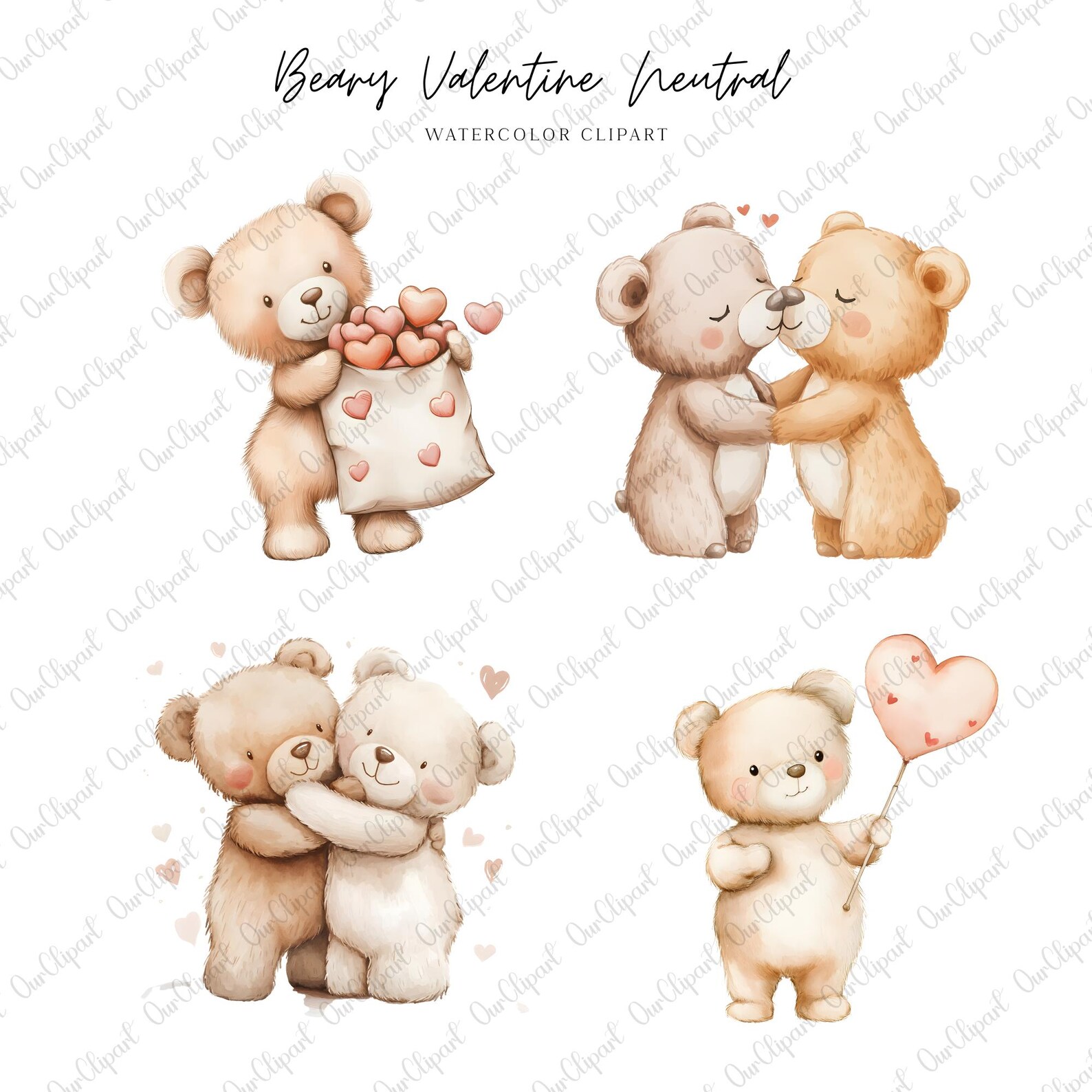 Valentine Teddy Bear Clipart Bundle – Heart Balloons & Watercolor Bears ...