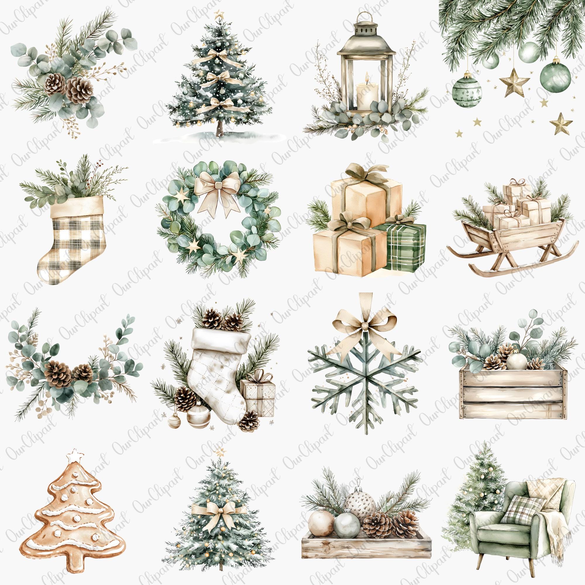 Boho Christmas Watercolor Clipart Bundle, Neutral Rustic PNG, Cozy ...