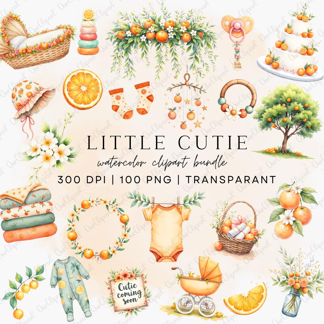 Little Cutie Clipart Bundle, Watercolor Orange Clipart, Babyshower ...