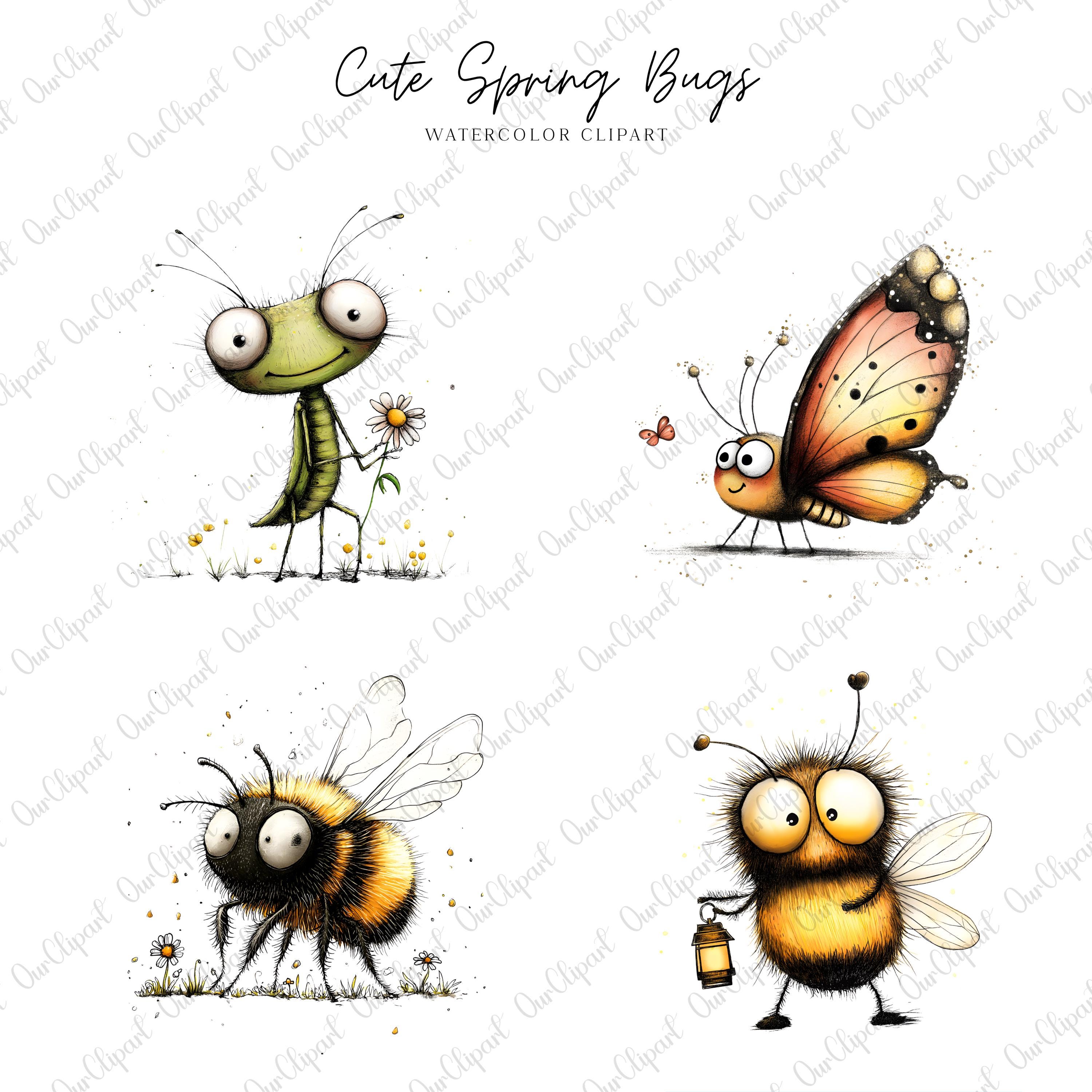 Whimsical Spring Bugs Clipart Bundle, Watercolor Insects, Cute Quirky ...