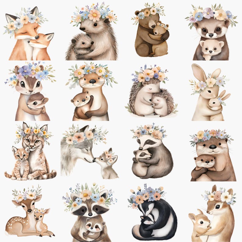 Woodland Clipart Bundle, Baby Animals Clip Art, Cute Watercolor Animal ...