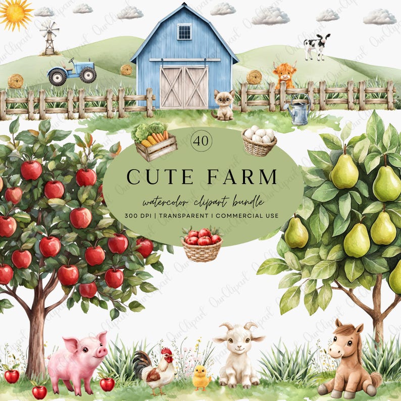 Farm Animal Clipart Bundle, Cute Tractor, Barn PNG, Watercolor Nursery ...