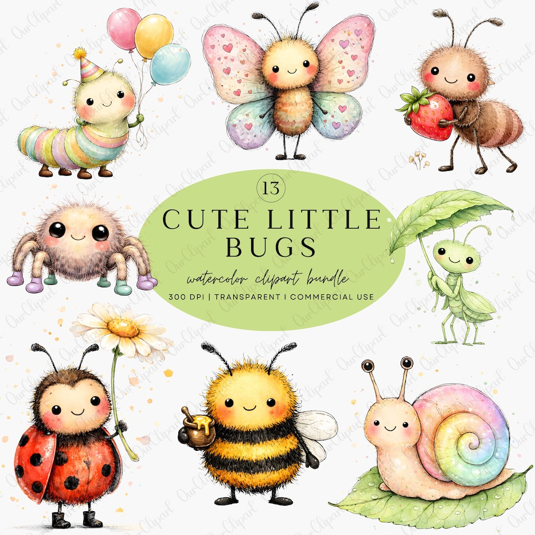 Whimsical Watercolor Bugs Clipart Bundle, Cute Insects PNG (digital ...