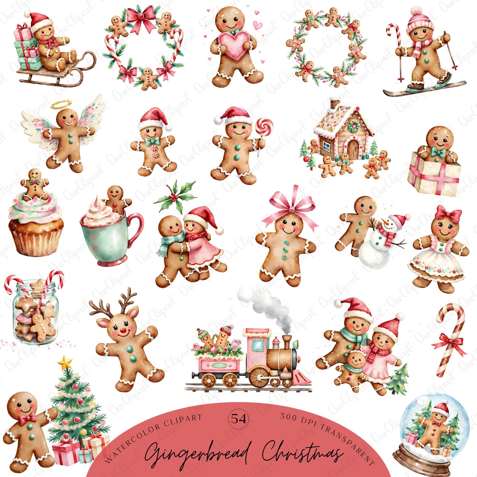 Gingerbread Christmas Clipart, Cute Watercolor Cookie PNG Bundle, Pink ...