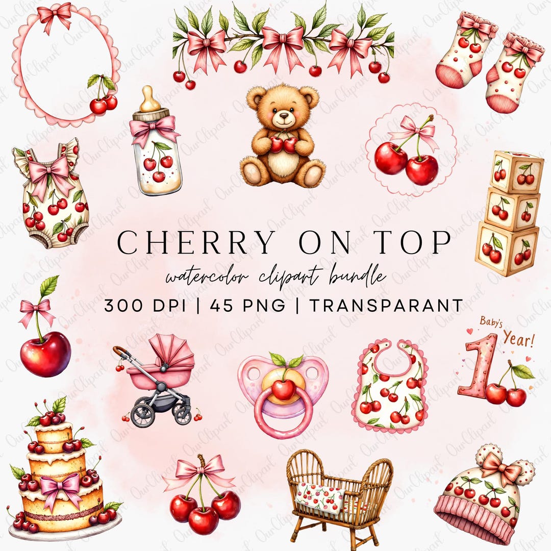 Cherry Watercolor Clipart PNG, Cherry on Top Baby Shower Bundle, Cute ...