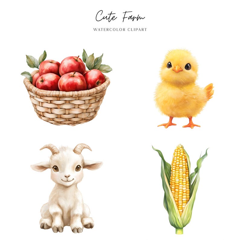 Farm Animal Clipart Bundle, Cute Tractor, Barn PNG, Watercolor Nursery ...