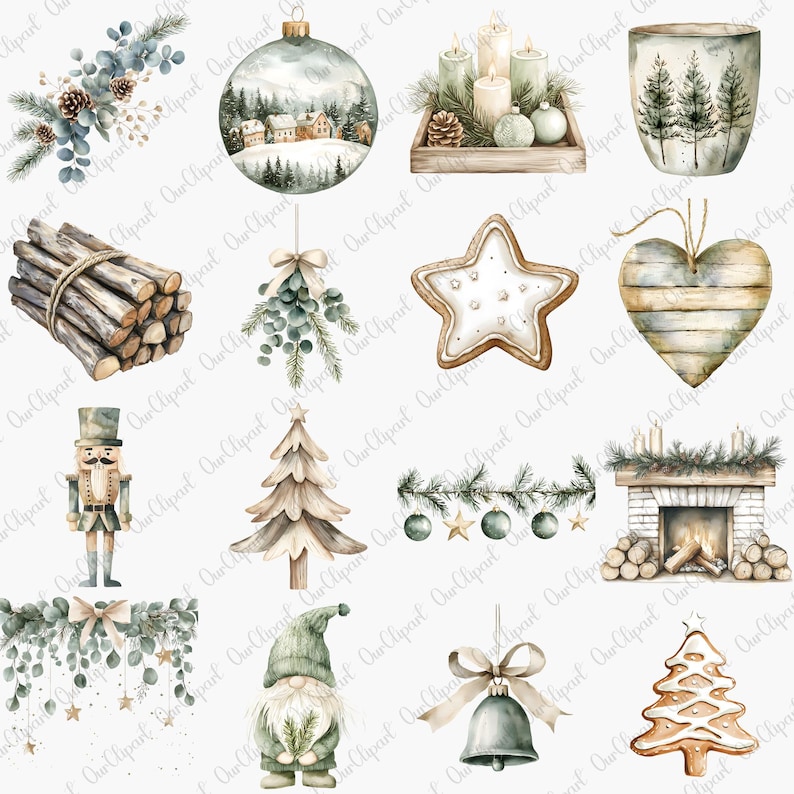 Boho Christmas Watercolor Clipart Bundle, Neutral Rustic PNG, Cozy ...