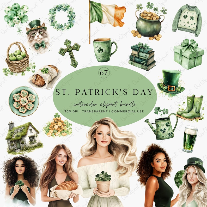 St. Patrick’s Day Clipart Bundle – Watercolor Shamrock, Clover, Pot of ...