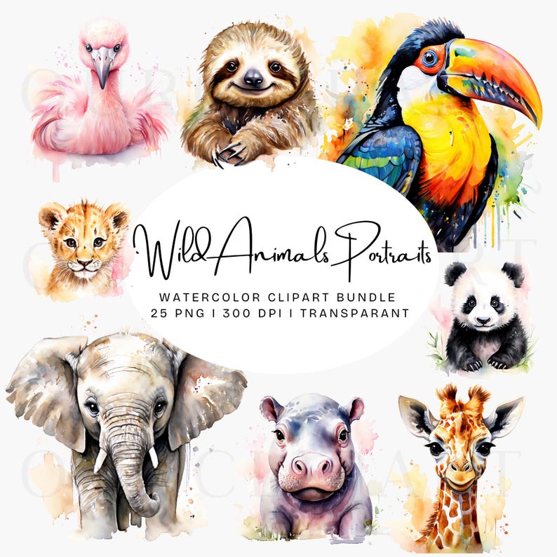 Watercolor Safari Animals PNG, Jungle Baby Animal Clipart, Safari ...