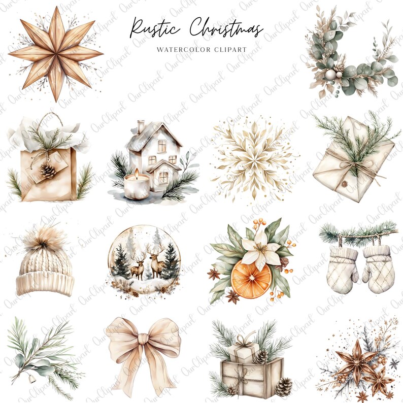 Rustic Christmas Watercolor Clipart, Neutral Boho Christmas PNG Bundle ...