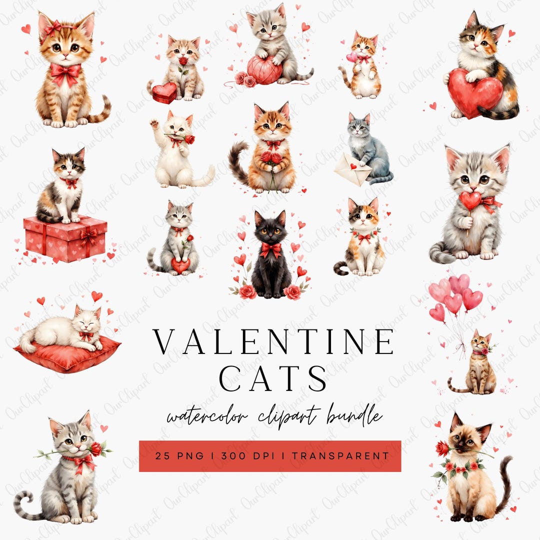 Valentine Cats Clipart Bundle – Cute Watercolor Kittens, Hearts ...