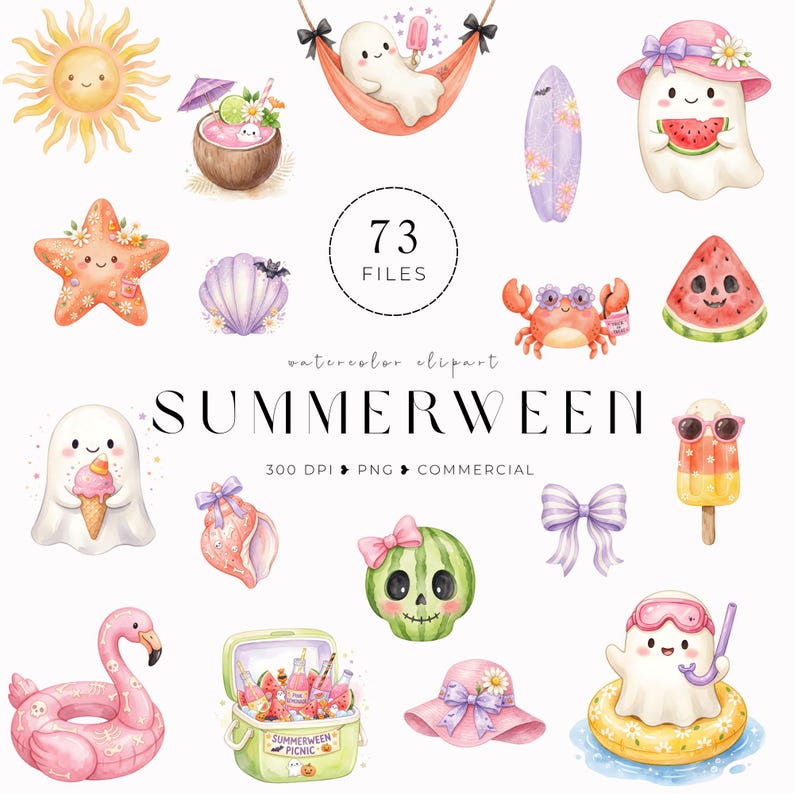 Summerween Clipart Bundle, Spooky Summer Ghost PNG, Cute Halloween ...