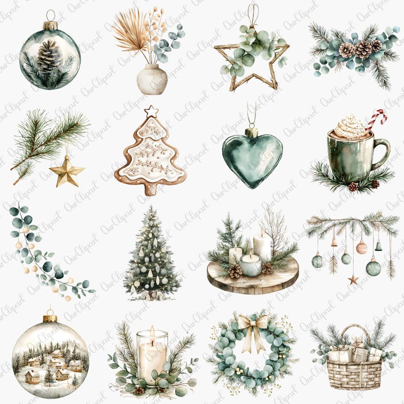Boho Christmas Watercolor Clipart Bundle, Neutral Rustic PNG, Cozy ...