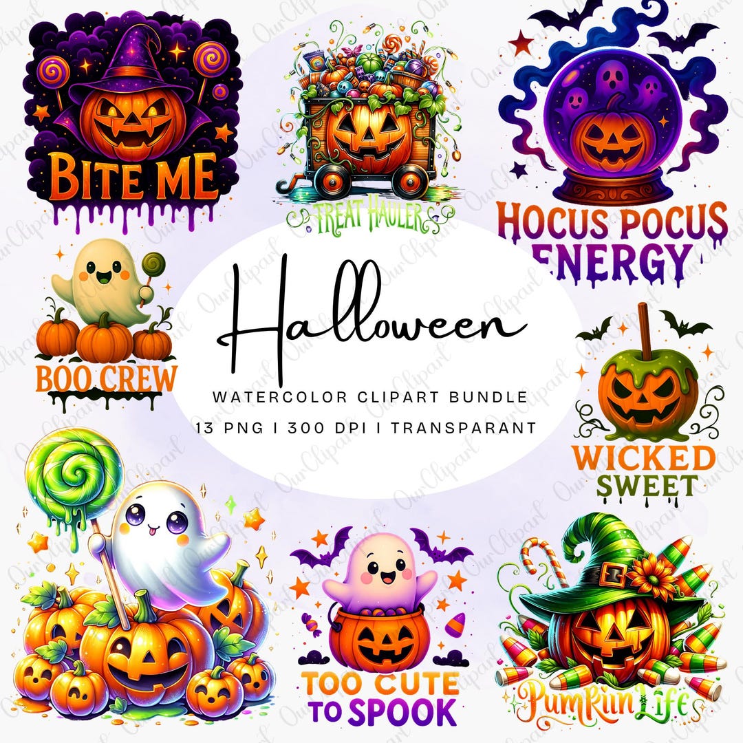 Halloween PNG Clipart Bundle Cute Watercolor Ghost Pumpkin & Candy ...