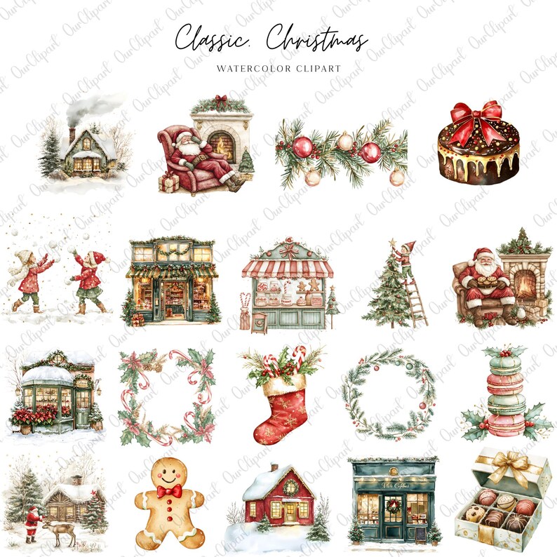 Classic Christmas Clipart, Santa Village Watercolor PNG Set, Retro ...