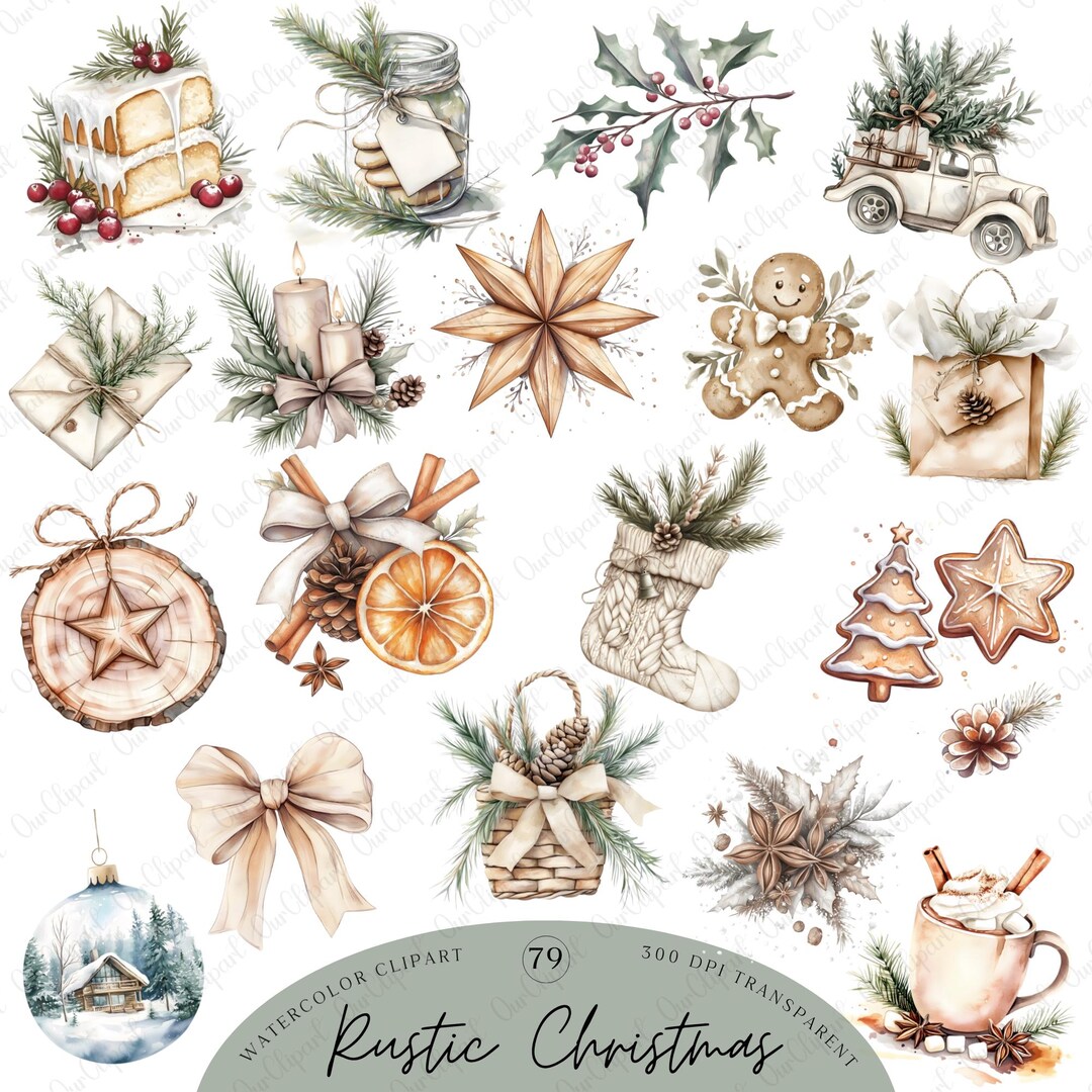 Rustic Christmas Watercolor Clipart, Neutral Boho Christmas PNG Bundle ...