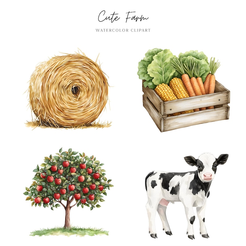 Farm Animal Clipart Bundle, Cute Tractor, Barn PNG, Watercolor Nursery ...