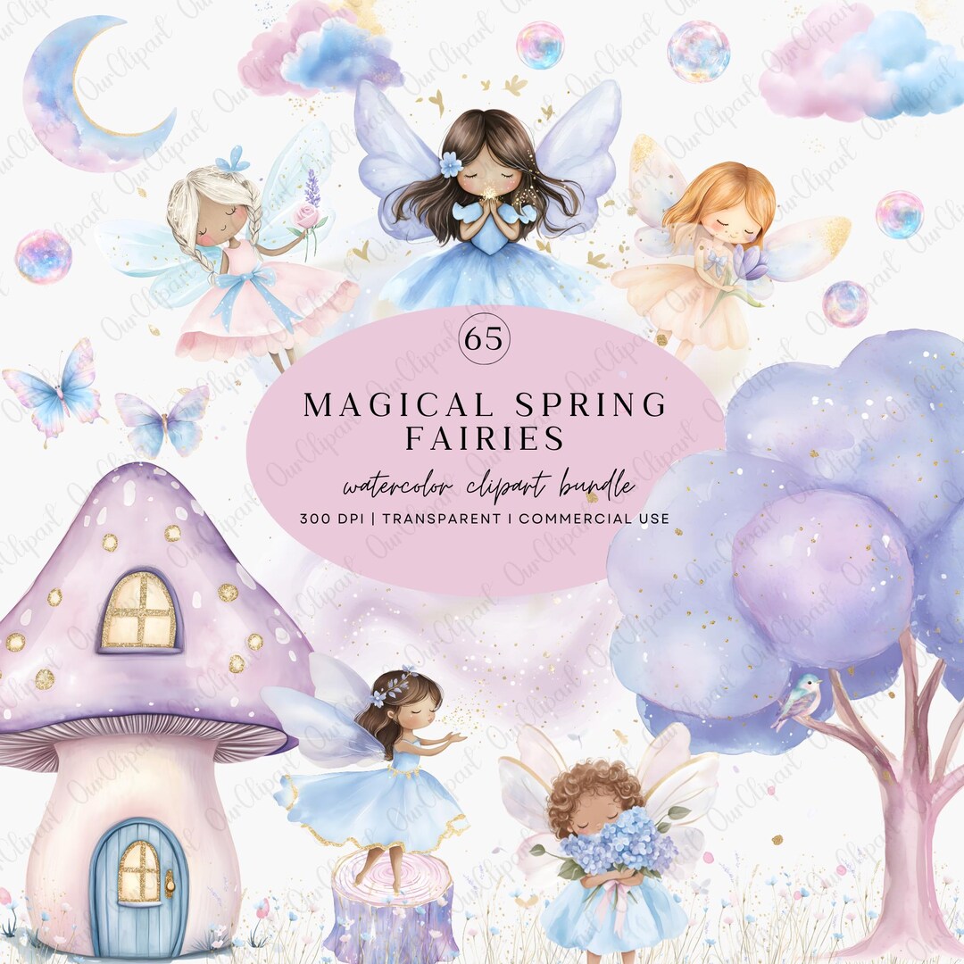 Fairy Garden Clipart PNG Bundle, Purple Watercolor Fairies and Fairy ...