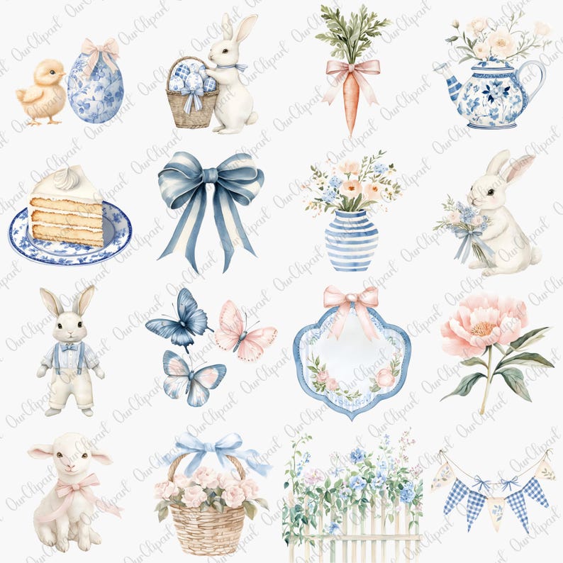 Easter Bunny Clipart Set, Watercolor Bunnie Garden Clipart Bundle ...