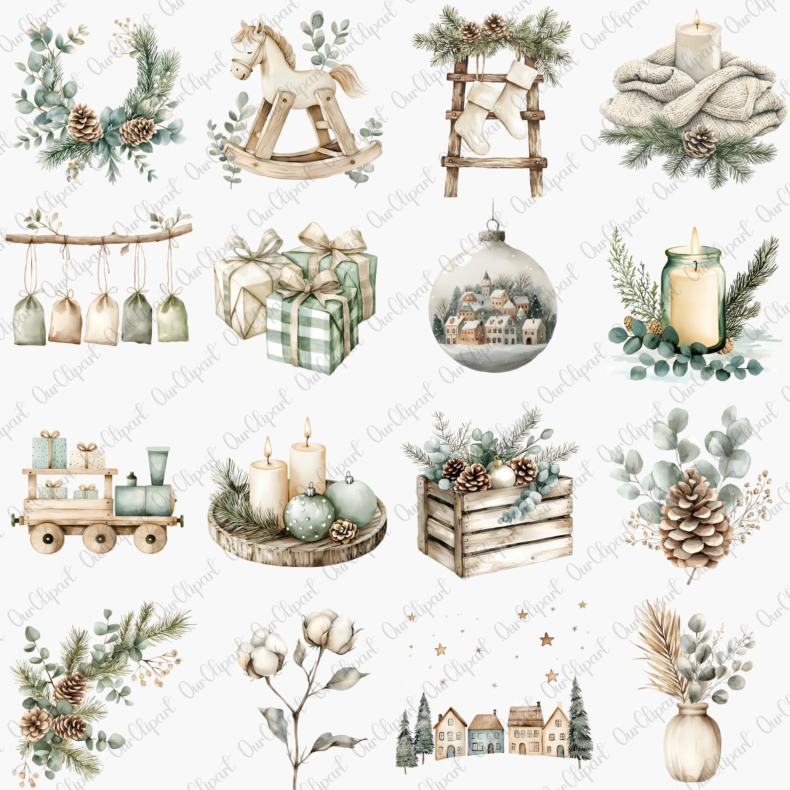 Boho Christmas Watercolor Clipart Bundle, Neutral Rustic PNG, Cozy ...