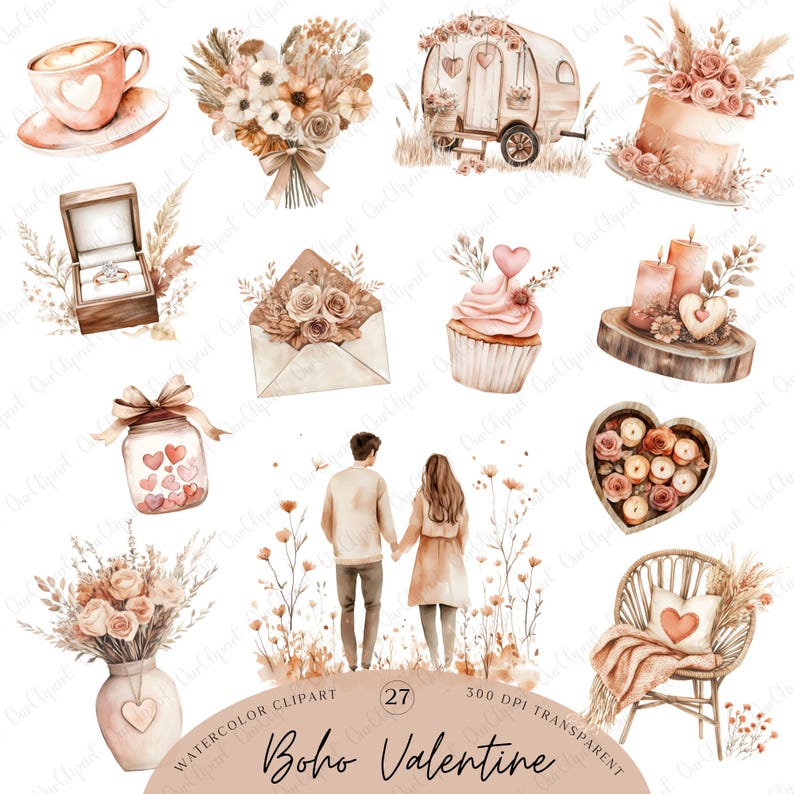 Boho Valentine's Day Clipart Bundle, Rustic Boho Love PNG, Lovely Heart ...