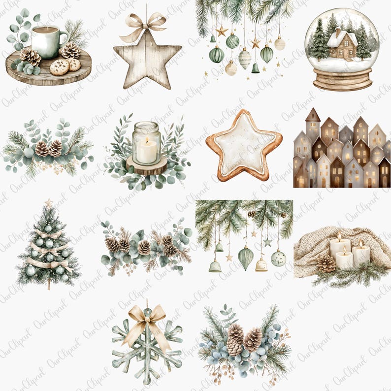Boho Christmas Watercolor Clipart Bundle, Neutral Rustic PNG, Cozy ...