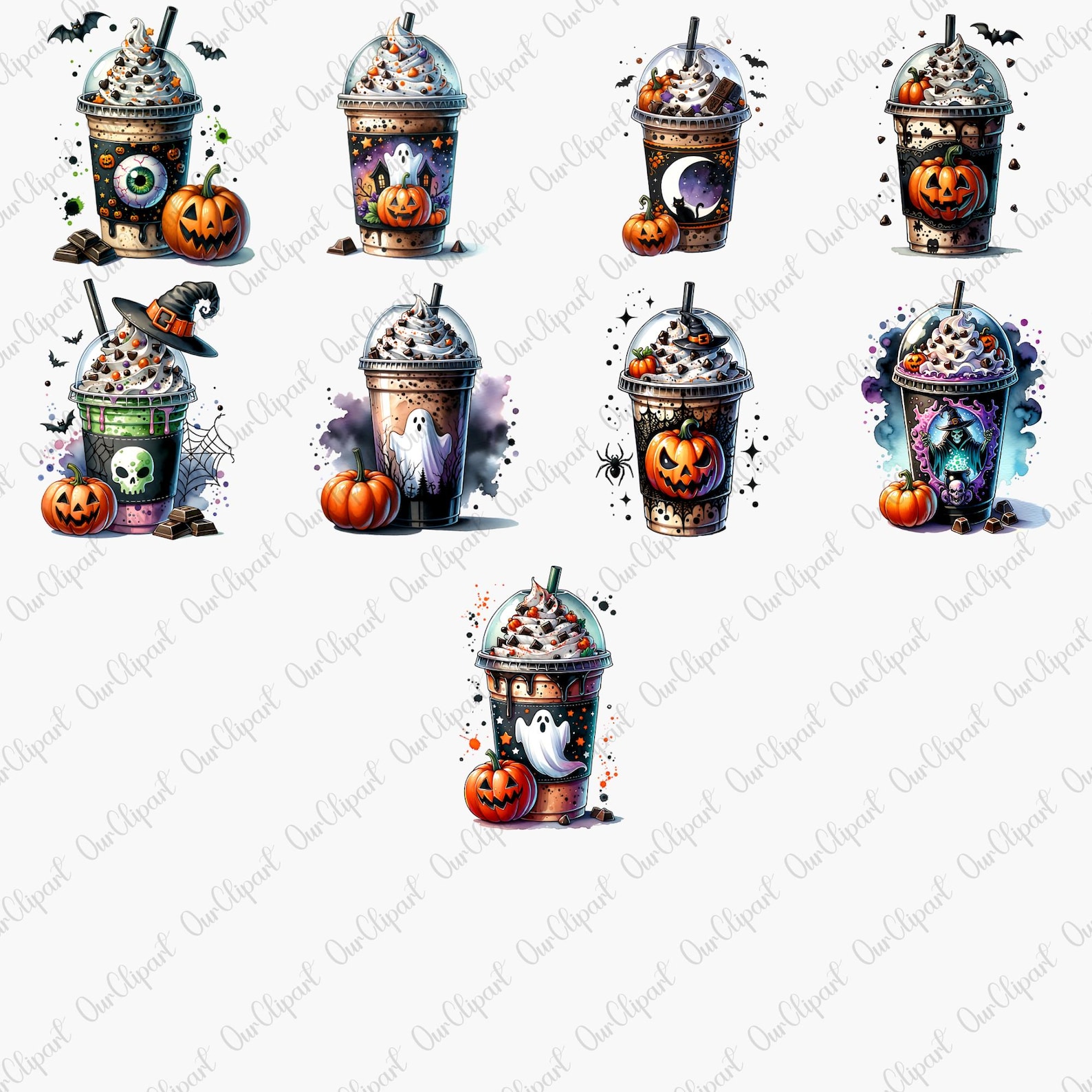 Halloween Coffee Clipart Set Scary Gothic Watercolor Hot Coffee Drink ...