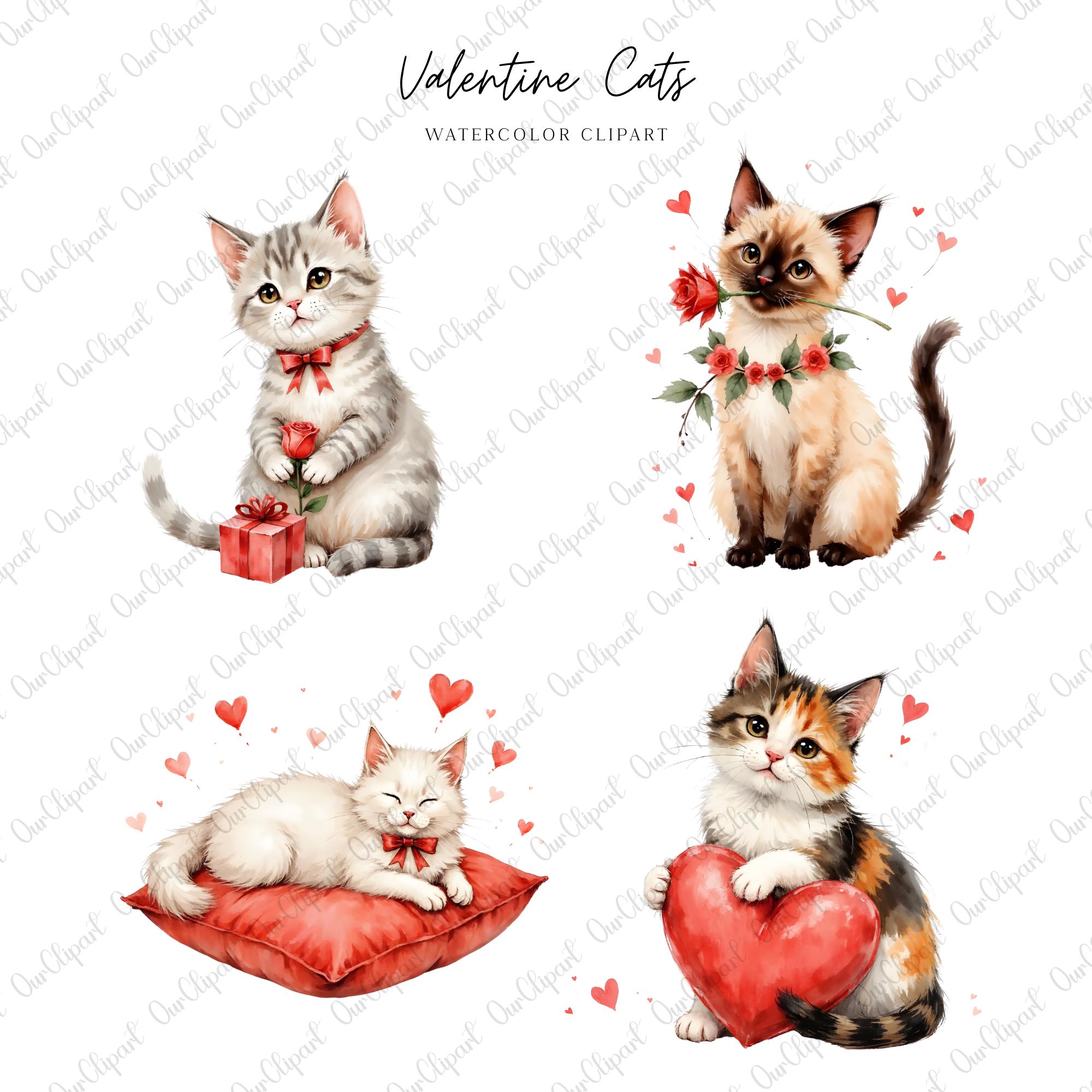 Valentine Cats Clipart Bundle – Cute Watercolor Kittens, Hearts ...