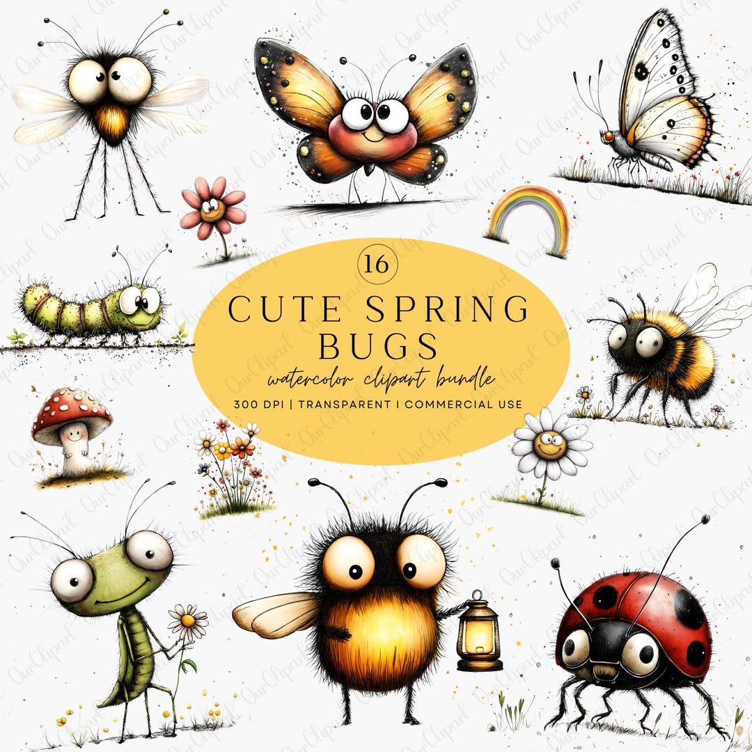 Spring Bugs Clipart Bundle, Whimsical Insects, Bee Butterfly Ladybug ...