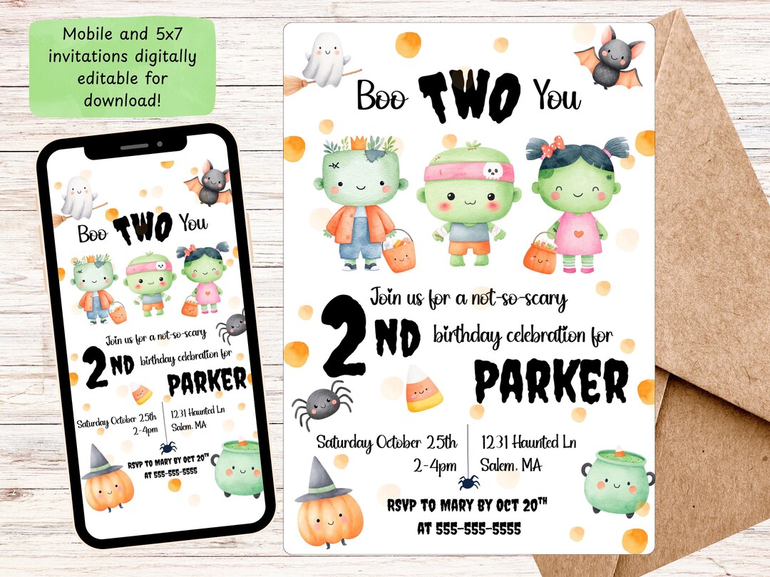 Frankenstein Boo Two You Birthday Party Invitation, Second Birthday, 2 ...
