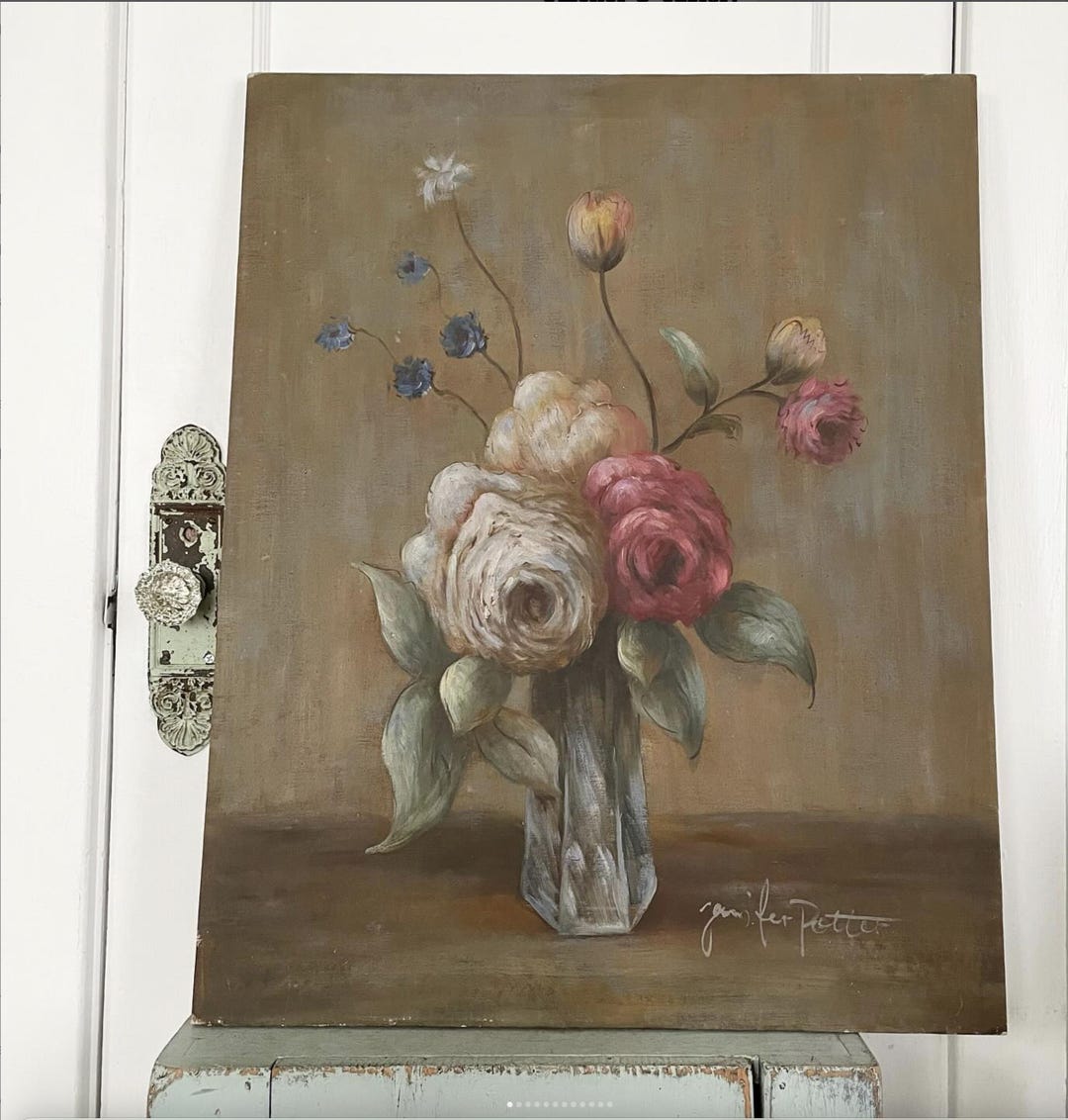 Vintage Flower Painting Large Floral Stretched Canvas Signed Artist ...
