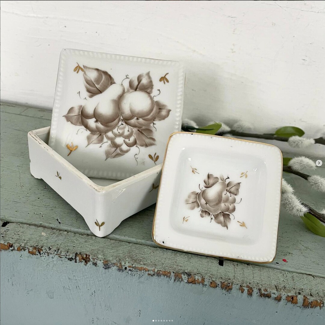 Vintage Coaster Tray Trinket Container Box Brown Transferware Hand ...