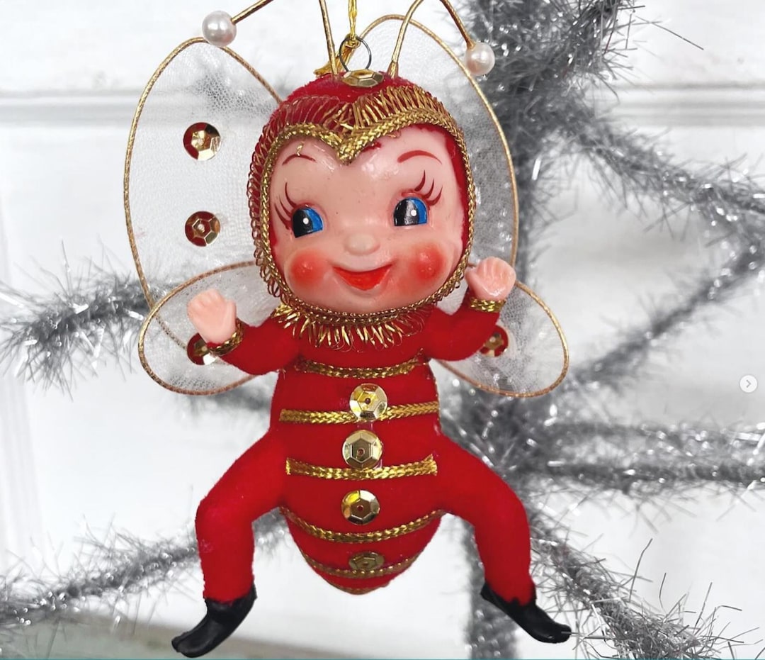 Vintage Pixie Bug Butterfly Anthropomorphic Flocked Red Christmas ...