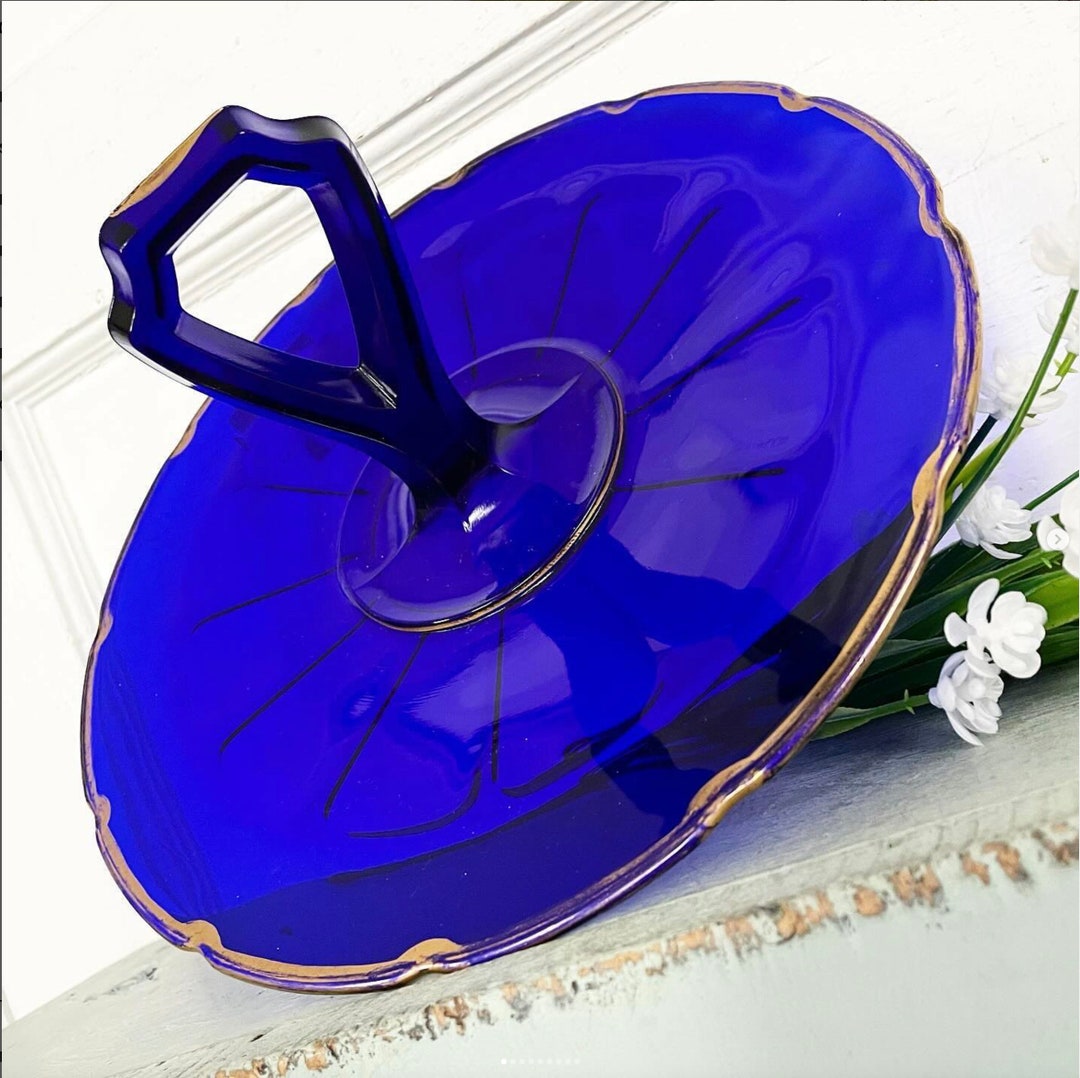 Vintage Cobalt Blue Glass Serving Plate Tidbit Tray Handle Gold Edge - Etsy
