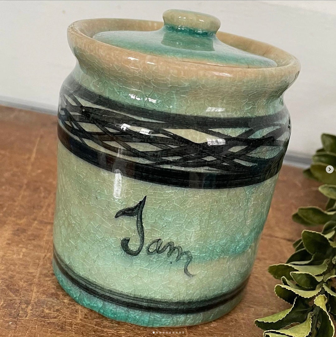 Vintage Stoneware Pottery Jam Jar and Lid Blue Green Teal Black ...