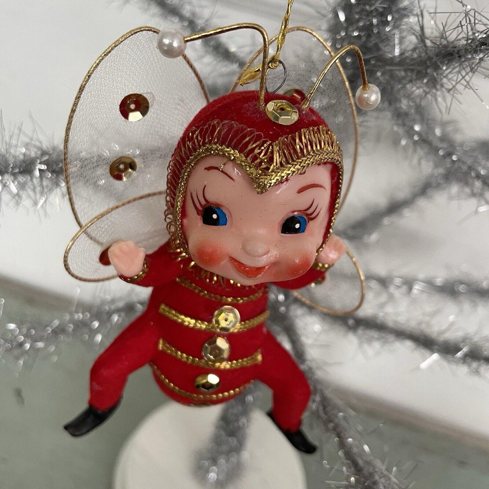 Vintage Pixie Bug Butterfly Anthropomorphic Flocked Red Christmas ...