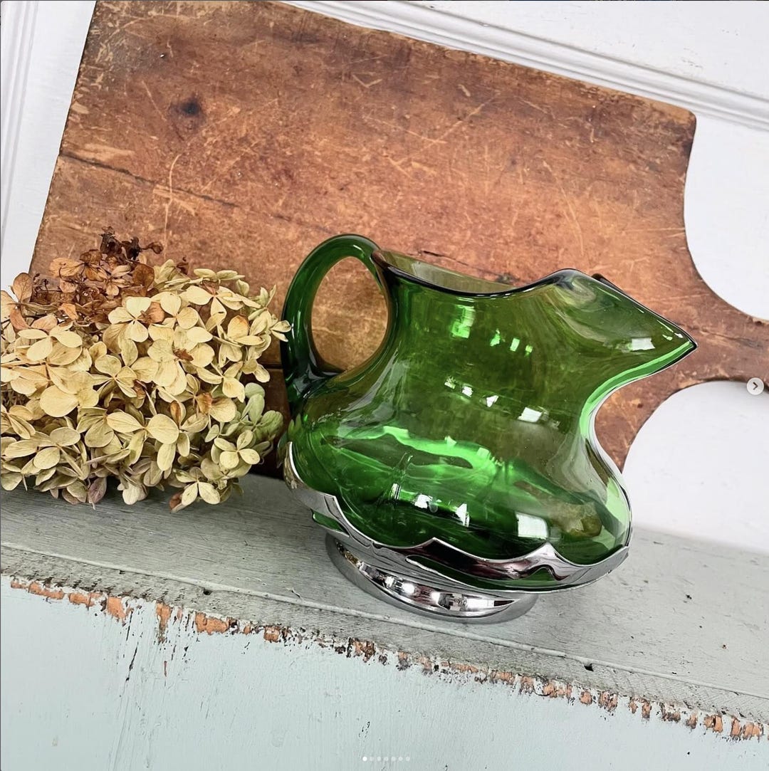 Vintage Green Glass Pitcher Silver Krome Kraft Base Marked Farber Bros ...