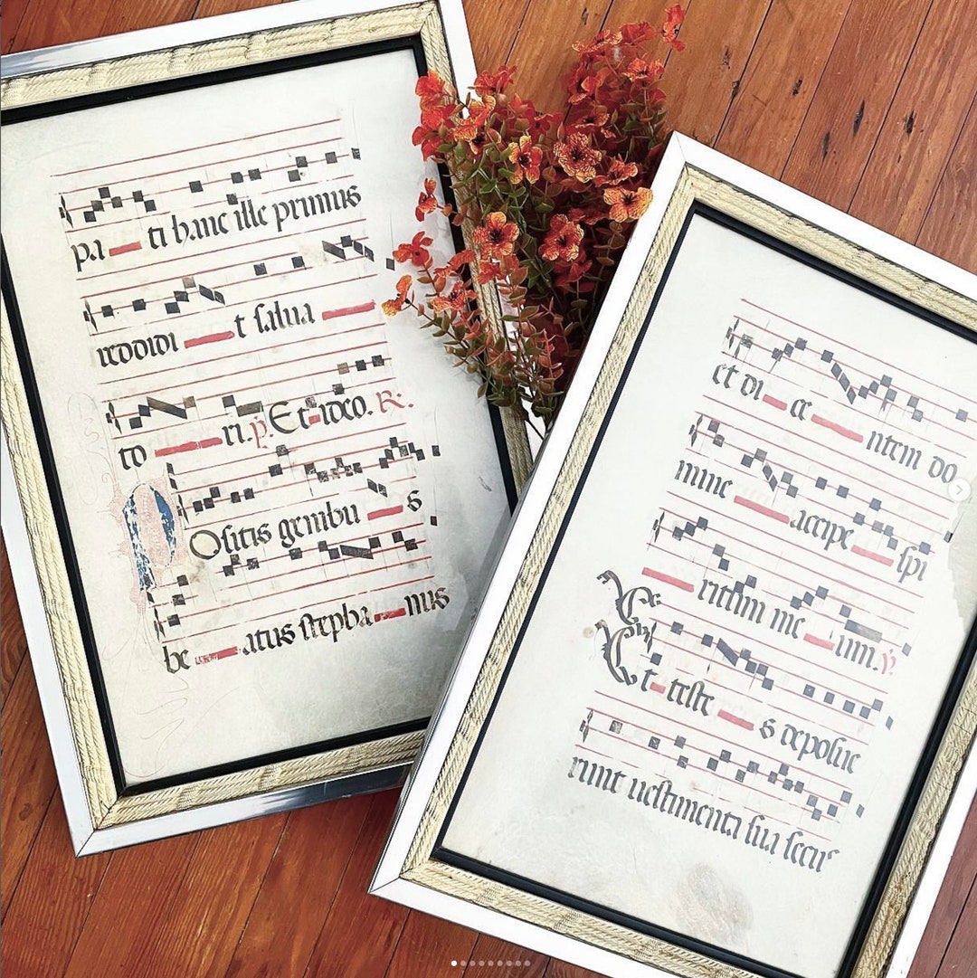 Antique PAIR Large Medieval Illuminated Latin Antiphonal Chant Music ...