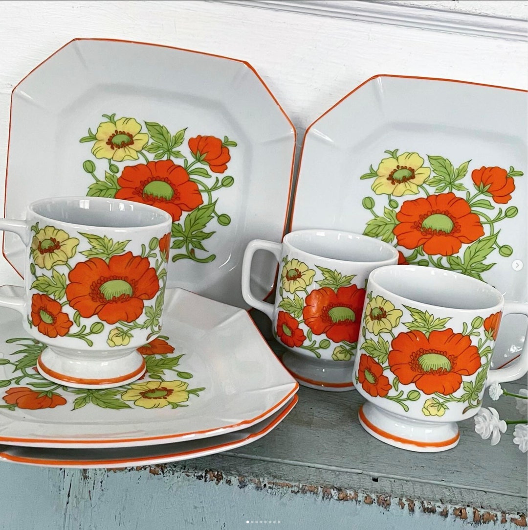 Vintage Poppy Flower Dinnerware Set MCM Orange Yellow Octagonal Plates ...