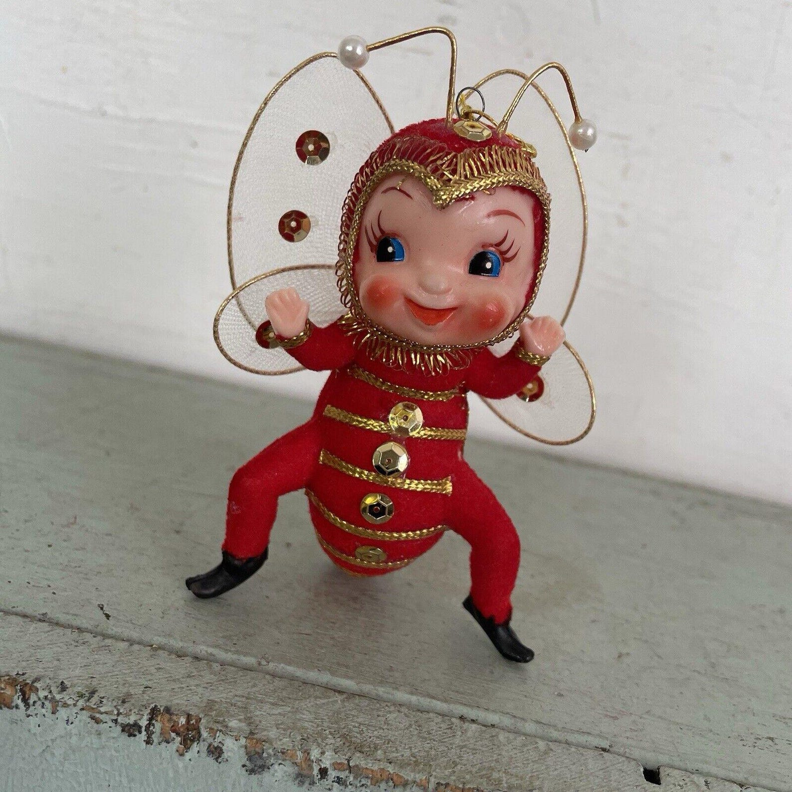 Vintage Pixie Bug Butterfly Anthropomorphic Flocked Red Christmas ...