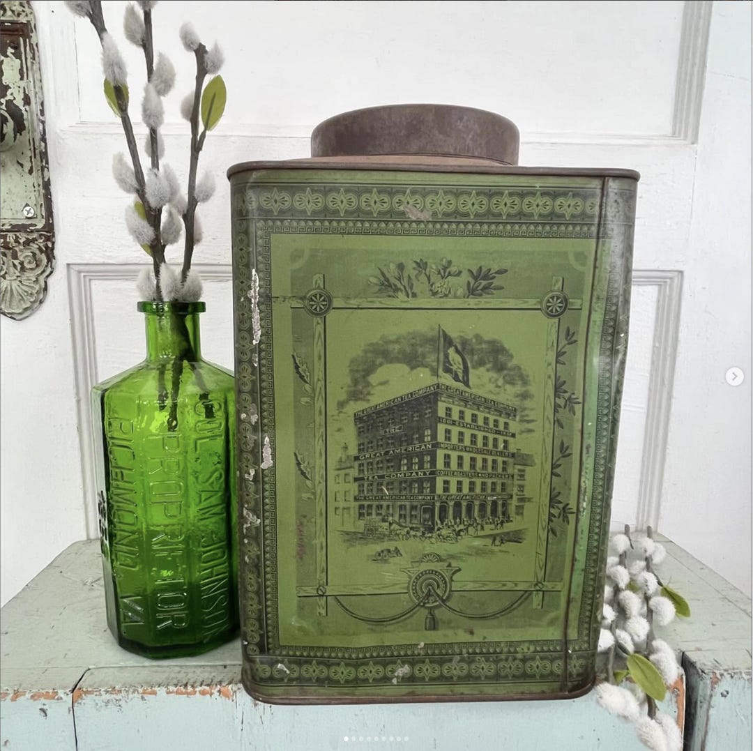 Antique Large Tin Container Green Great American Tea Company New York ...