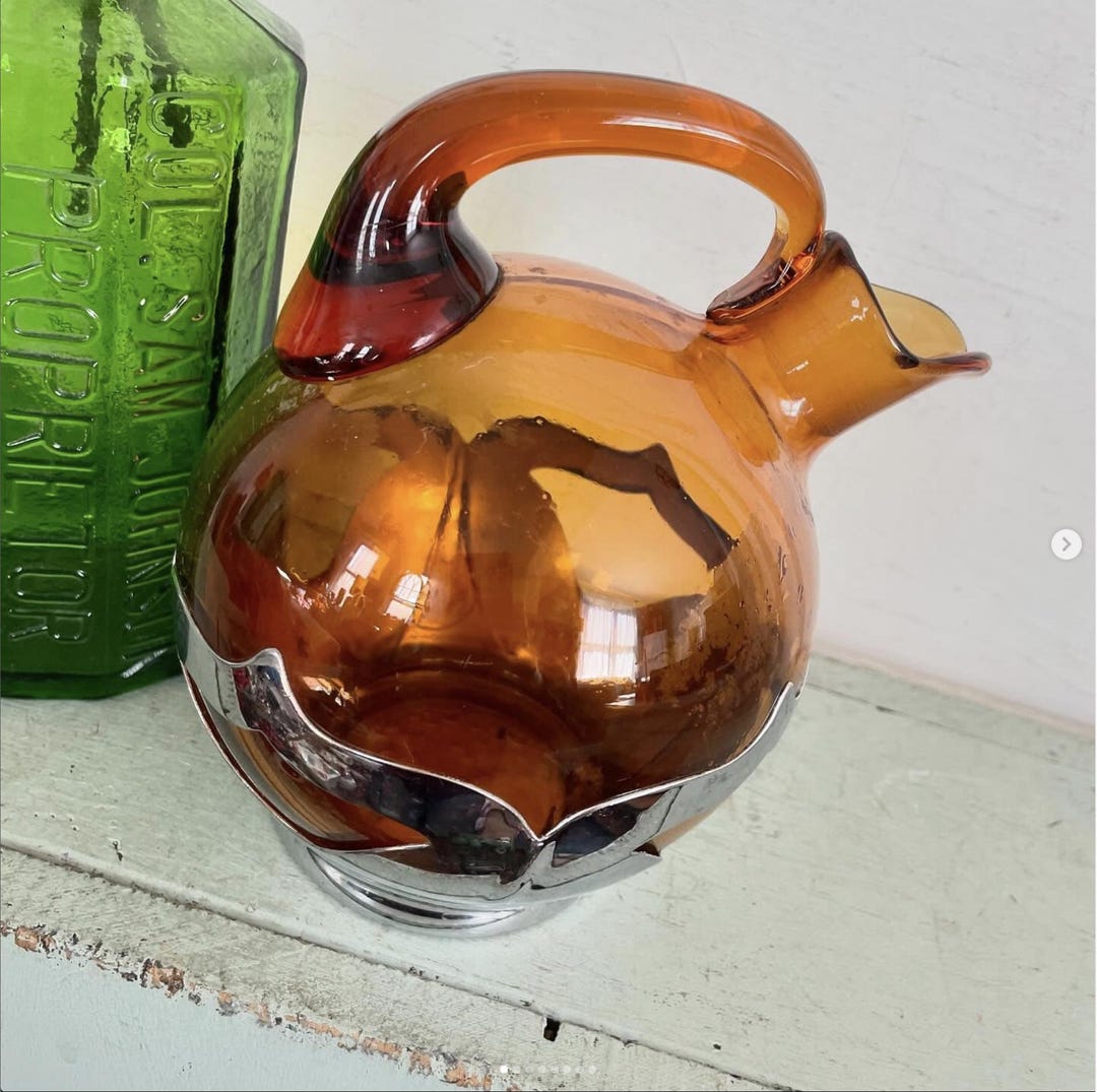 Vintage Amber Brown Glass Decanter Pitcher Silver Krome Kraft Base MCM ...