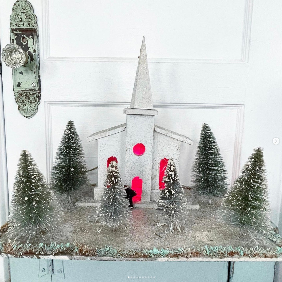 Jumbo Vintage Putz Glittered Wood Church Removable Steeple Cellophane ...