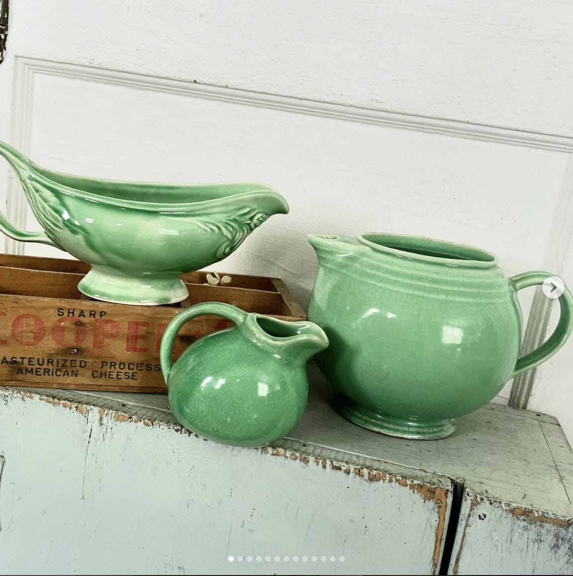 Vintage Green Pottery Pitcher Creamer Gravy Boat Embossed Leaf Ribbed ...