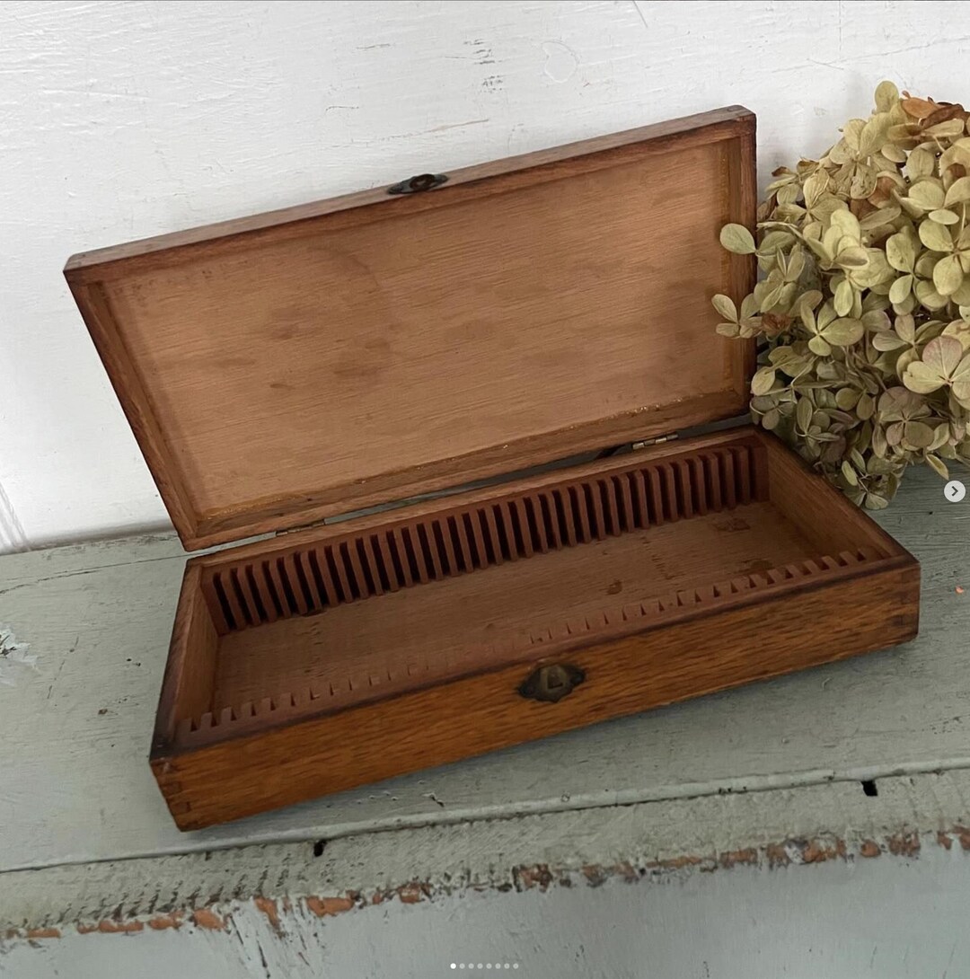 Vintage Wood Box Glass Slides Slots Hinged Lid Dovetail Edges Brass ...